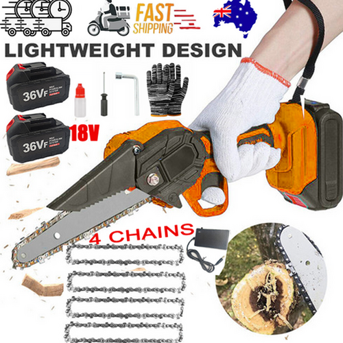 6" Mini Orange Cordless Electric Chainsaw 2X Battery-Powered Wood Cutt ...